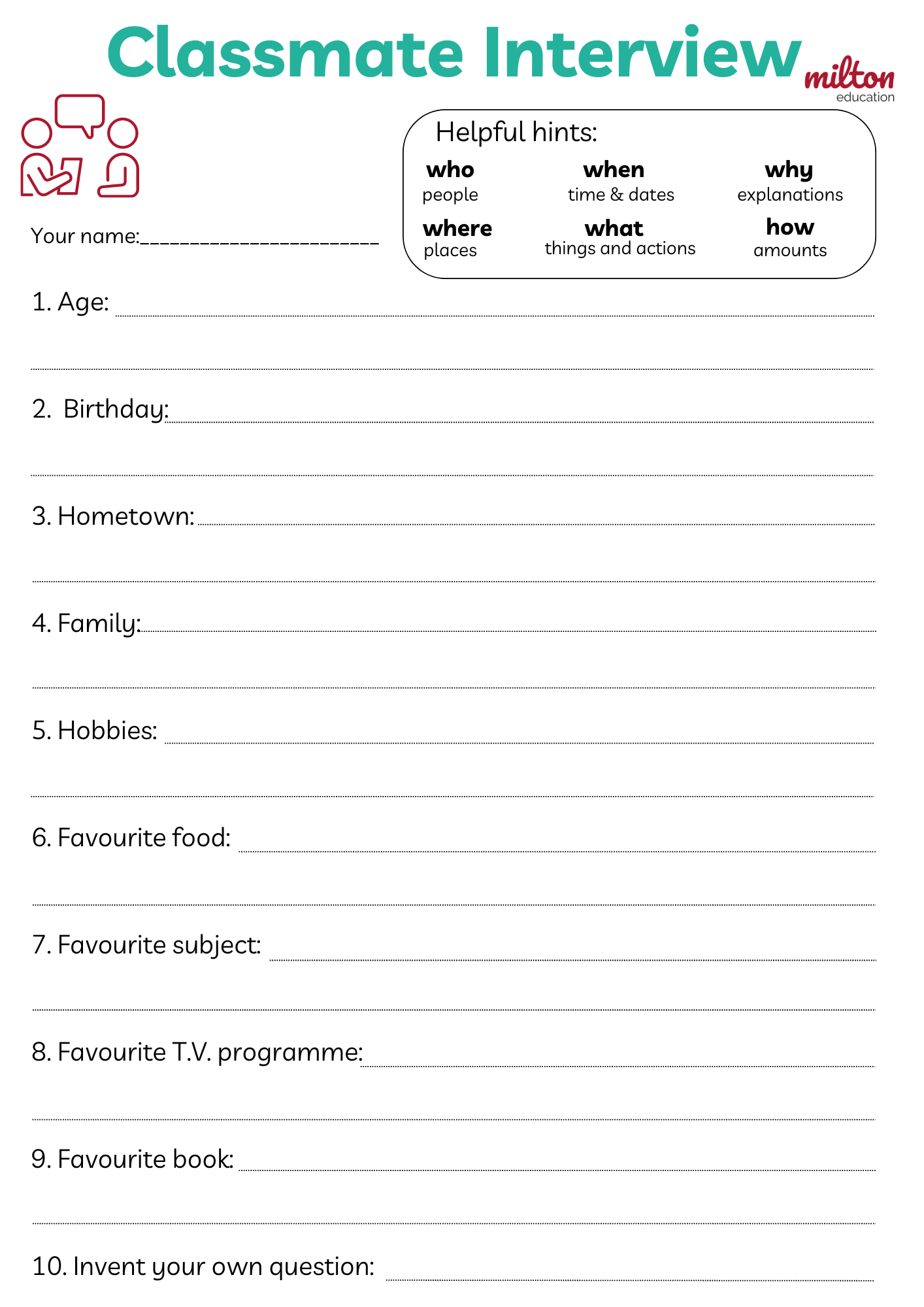 Classmate Interview worksheet
